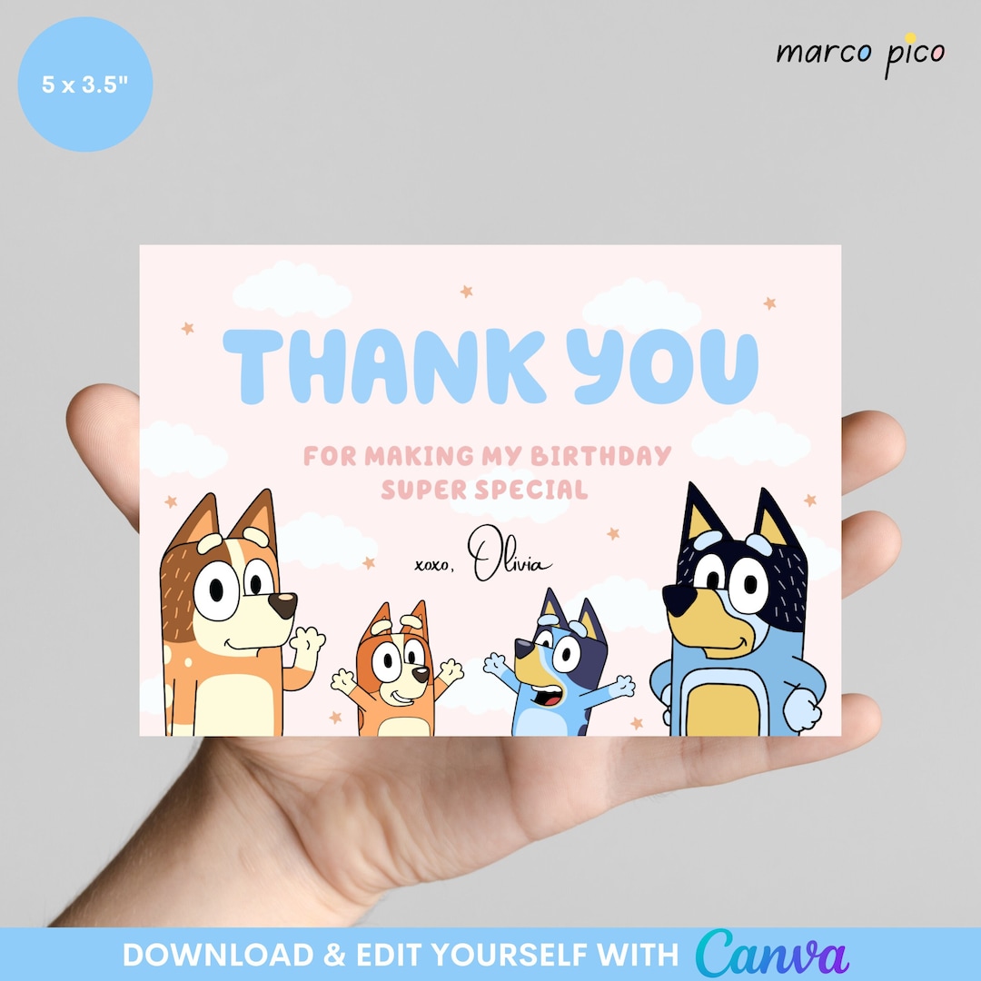 Bluey Girly Themed Thank You Card Template Editable Bluey - Etsy