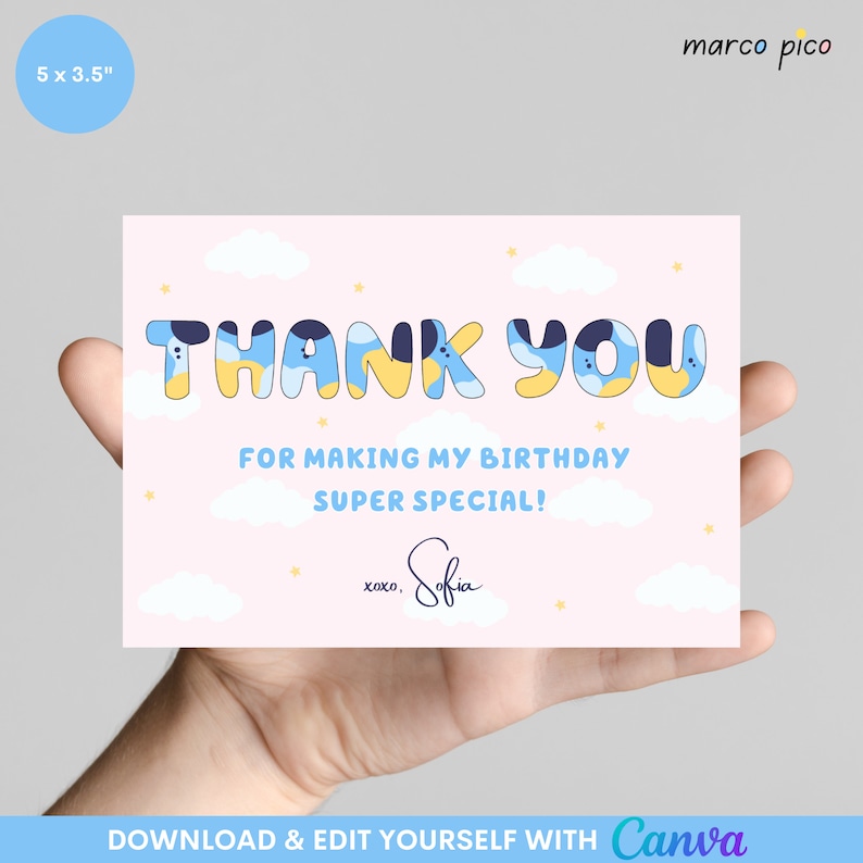 Blue Dog Inspired Girly Themed Thank You Card Template, Editable ...