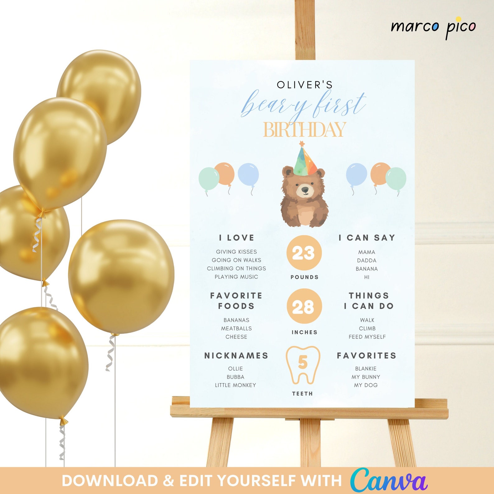 Teddy Bear Birthday Milestone Poster Template, Bear Birthday Milestone ...