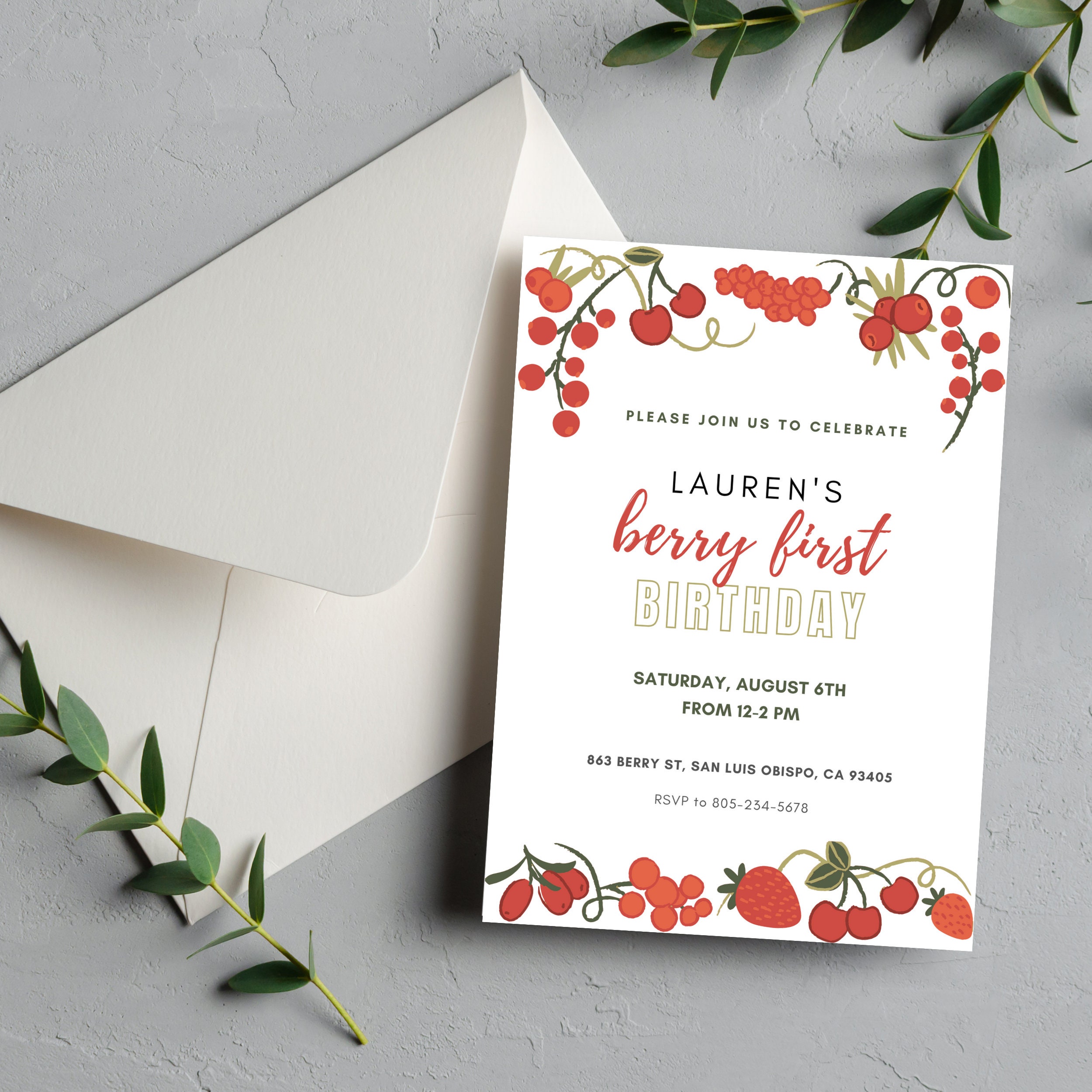Berries Birthday Invitation Template, Berry First Birthday Invitation ...