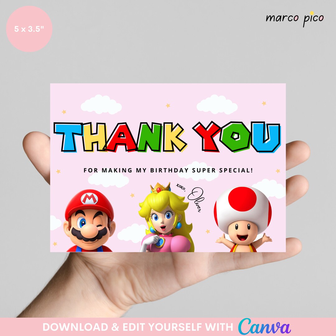 Peach Super Mario Themed Thank You Card Template, Editable Peach Birthday Thank You Card, Super ...