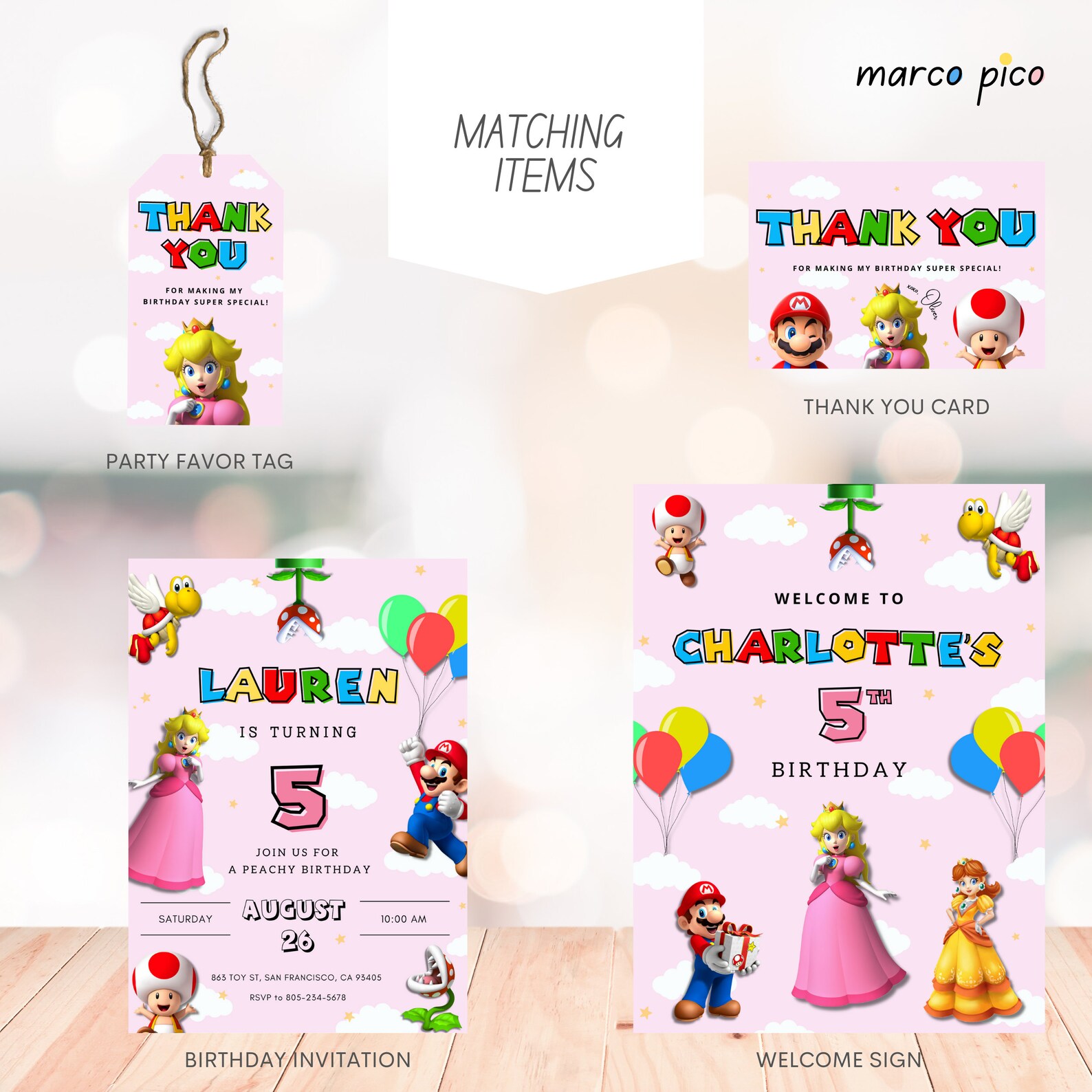 Peach Super Mario Themed Thank You Card Template, Editable Peach Birthday Thank You Card, Super ...