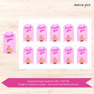 Pink Doll Themed Party Favors Tags, Editable Pink Doll Birthday Thank ...