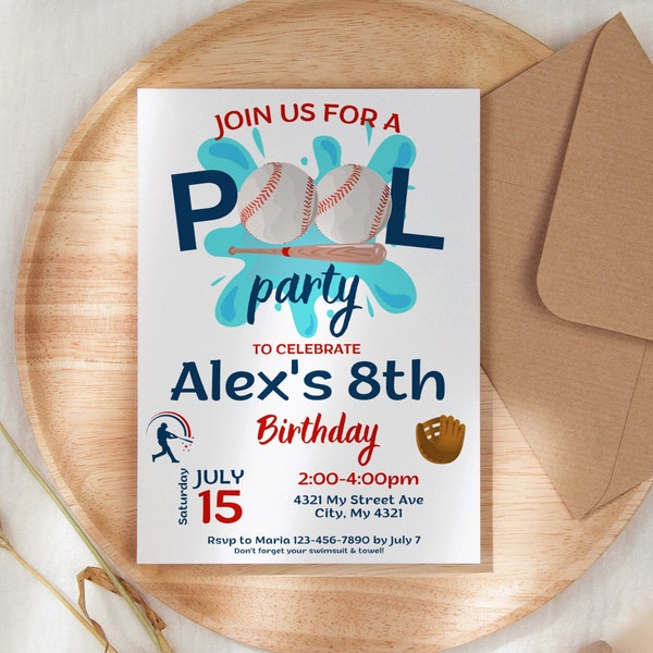Baseball Pool Birthday Party Invitation - Etsy