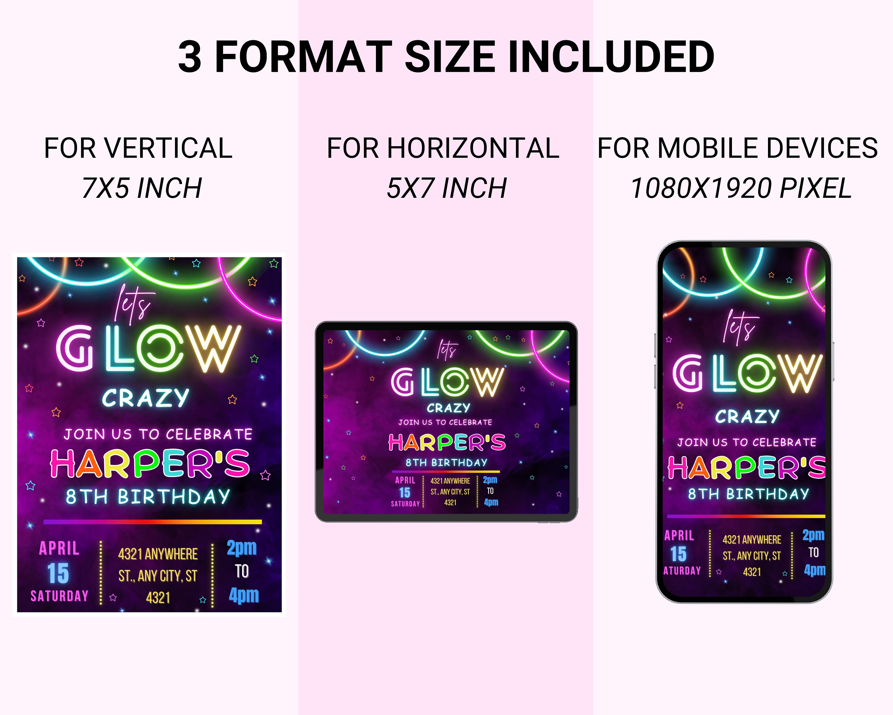 EDITABLE Glow Party Birthday Invitation Template, GIRL, BOY, Neon Party ...