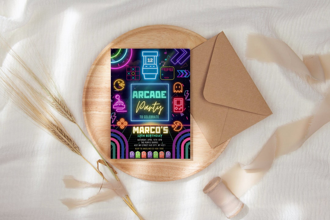 Glow Arcade Birthday Invitation: Neon Gaming Party (editable, Instant ...