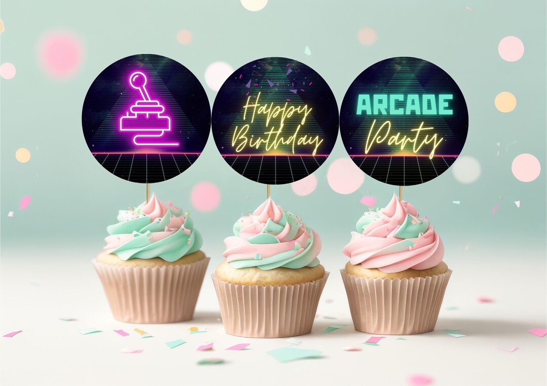 Glow Gaming Arcade Birthday Party Cupcake Topper | Neon Glow Party Cake ...