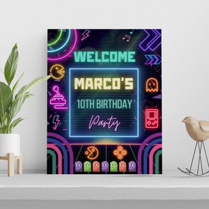 Glow Gaming Arcade Birthday Party Welcome Sign | Neon Glow Party ...