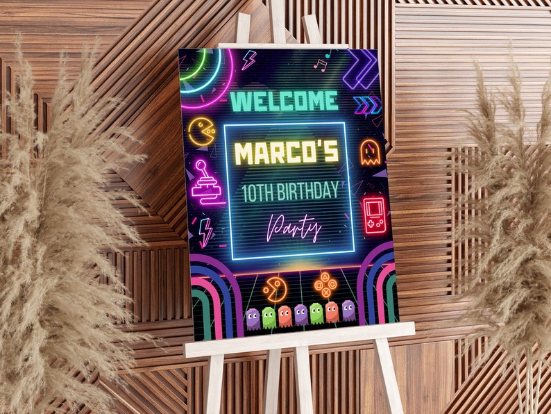 Glow Arcade Birthday Welcome Sign: Neon Gaming Party (editable, Instant ...