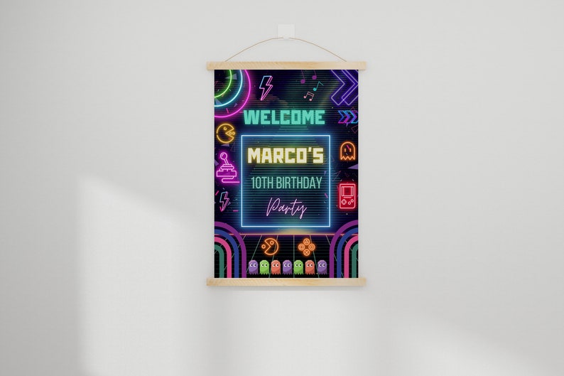 Glow Arcade Birthday Welcome Sign: Neon Gaming Party (editable, Instant ...