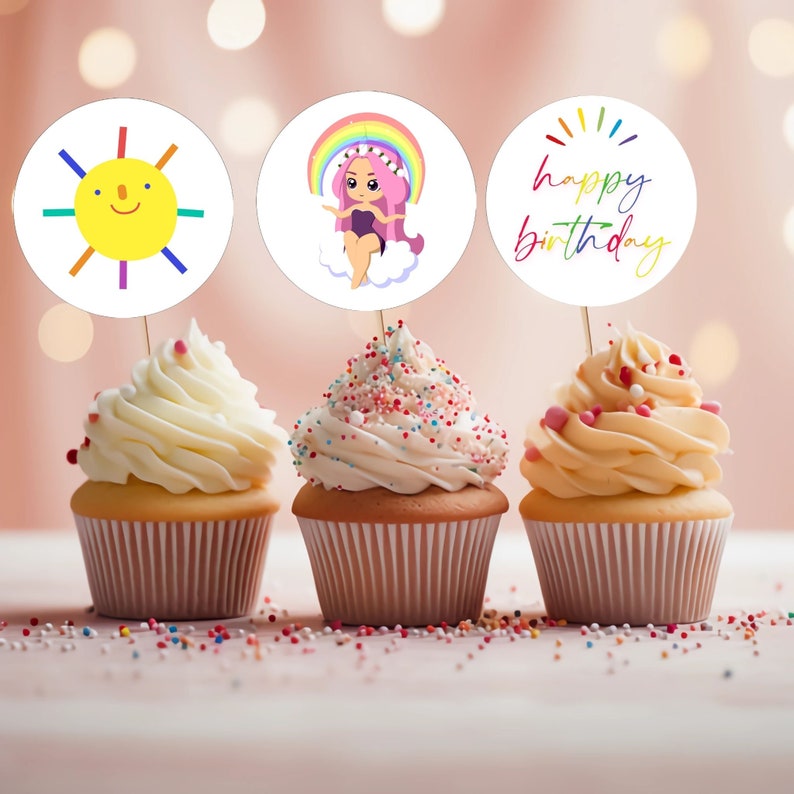 Minimalist Rainbow Birthday Cupcake Topper Girls Rainbow Party Cake ...