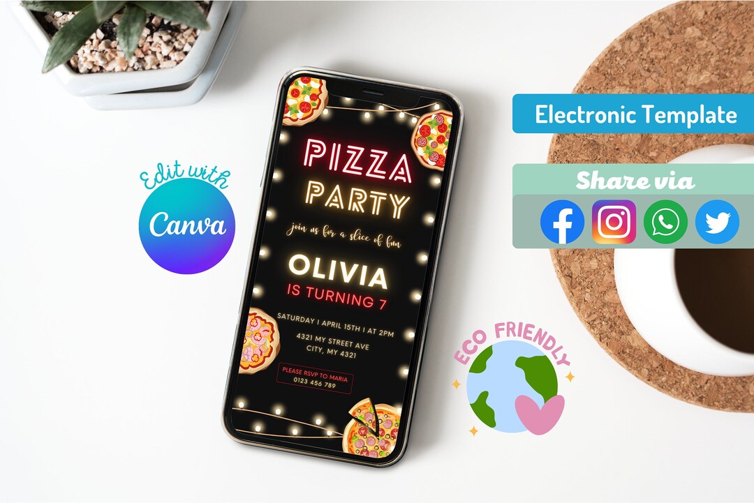 Neon Pizza Party Invitation: Editable Birthday Template (digital) - Etsy