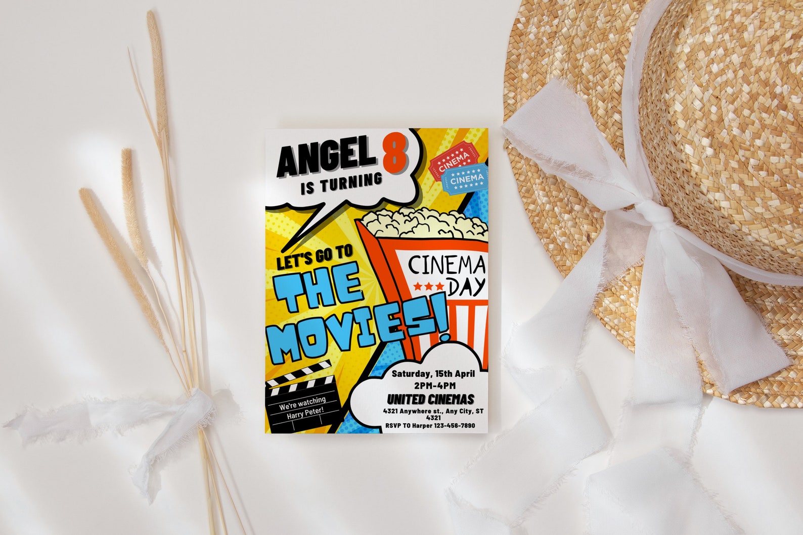 Editable Movie Birthday Invitation: Popcorn Party Invite (digital ...