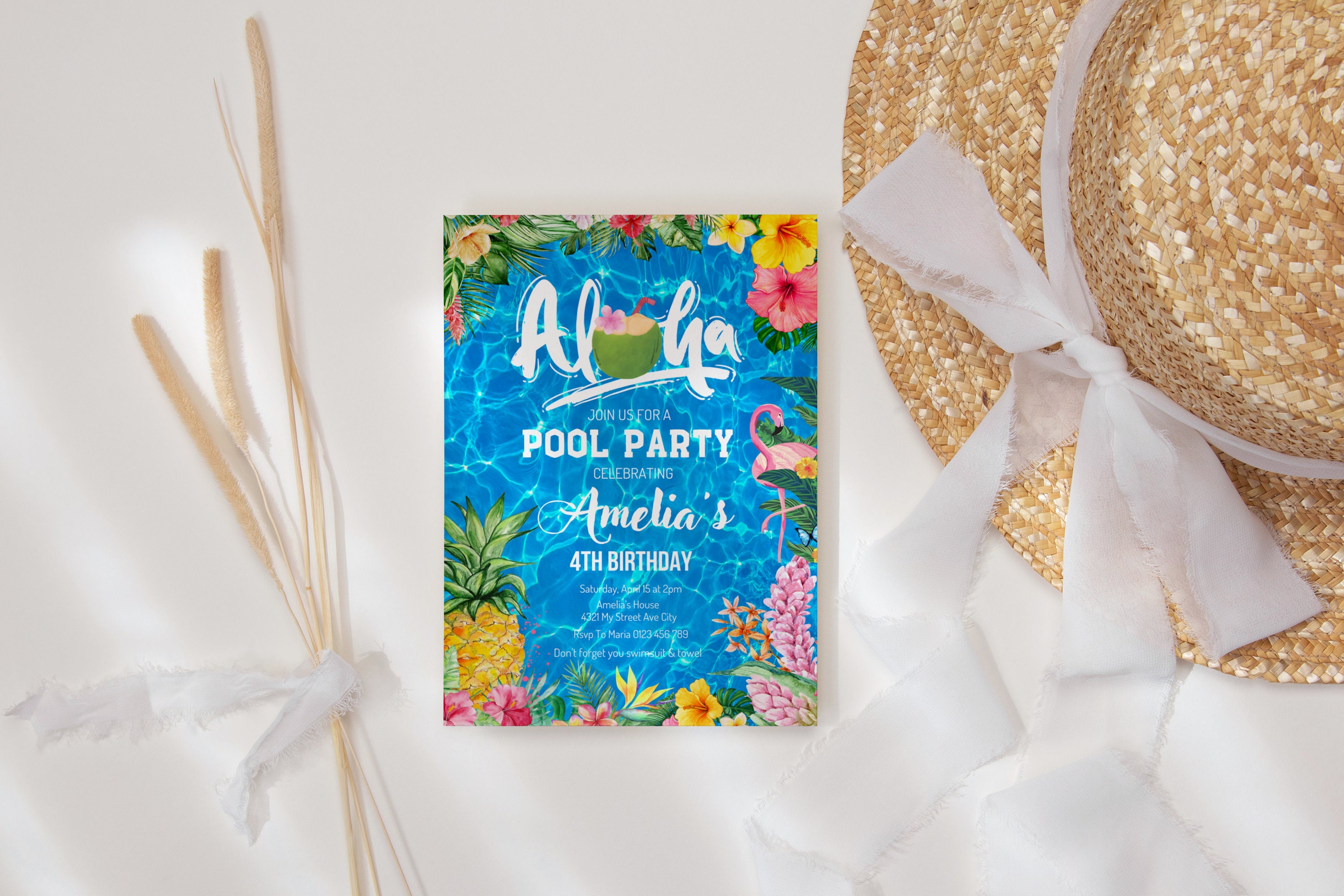 EDITABLE Aloha Pool Party Invitation, Hawaiian Birthday Invite ...