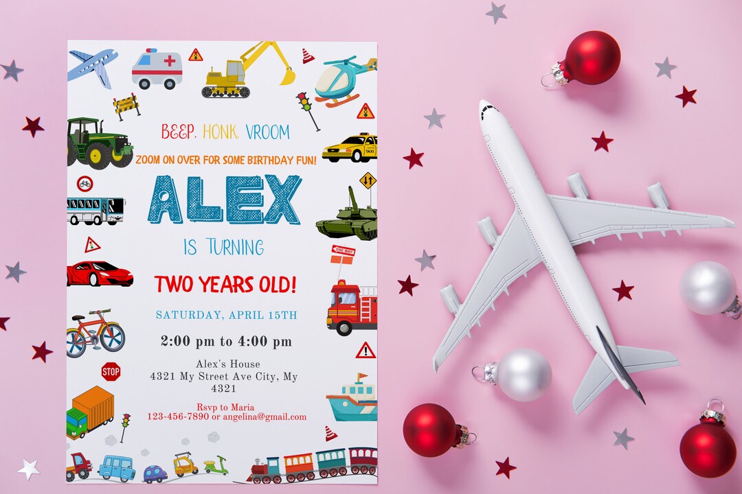 Editable Transportation Birthday Invitation Card Template, Vehicle ...