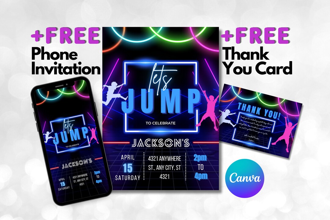 Jump Birthday Party Invitation Card Template, Trampoline Card Evite ...