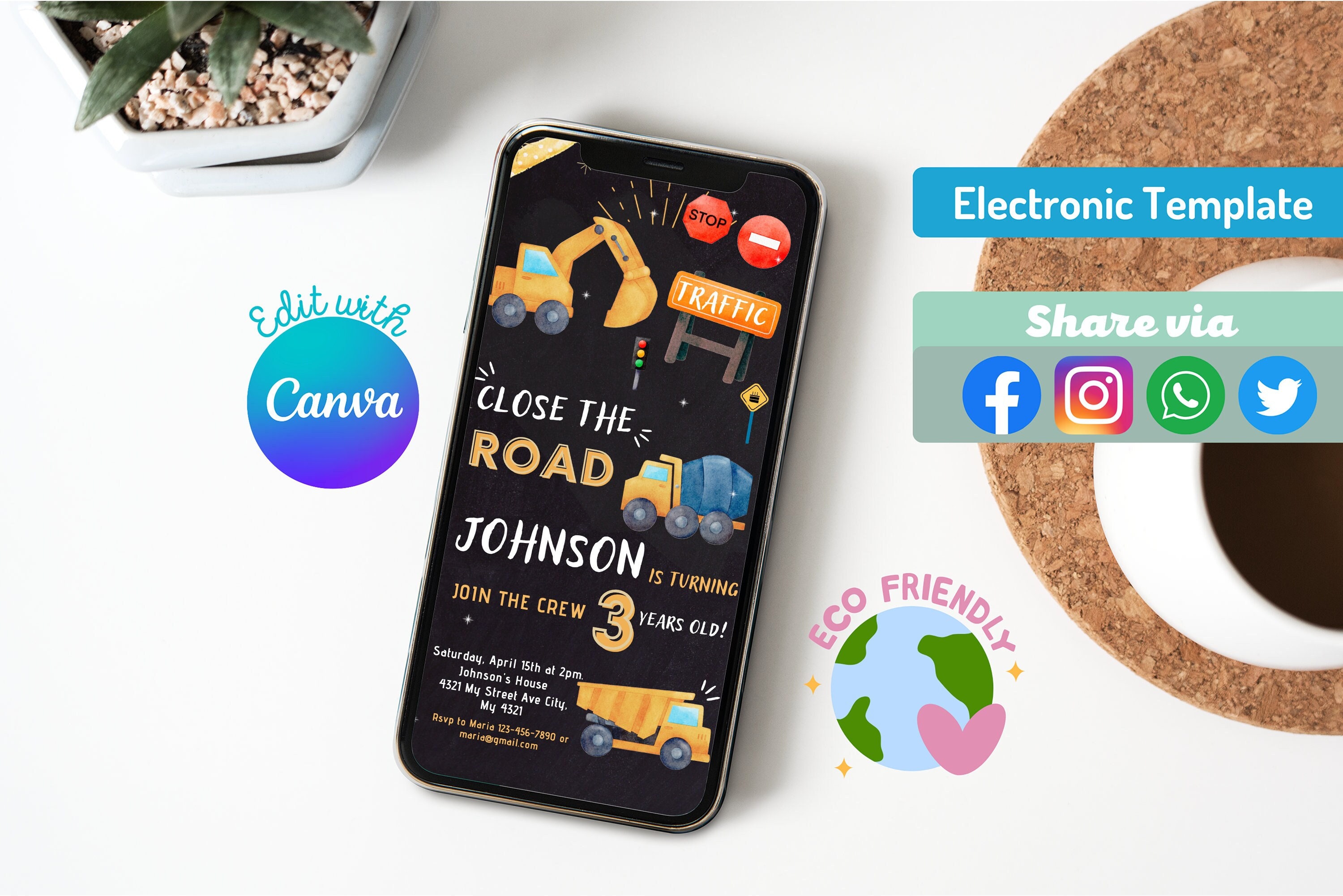 Editable Construction Birthday Digital Invitation Template ...