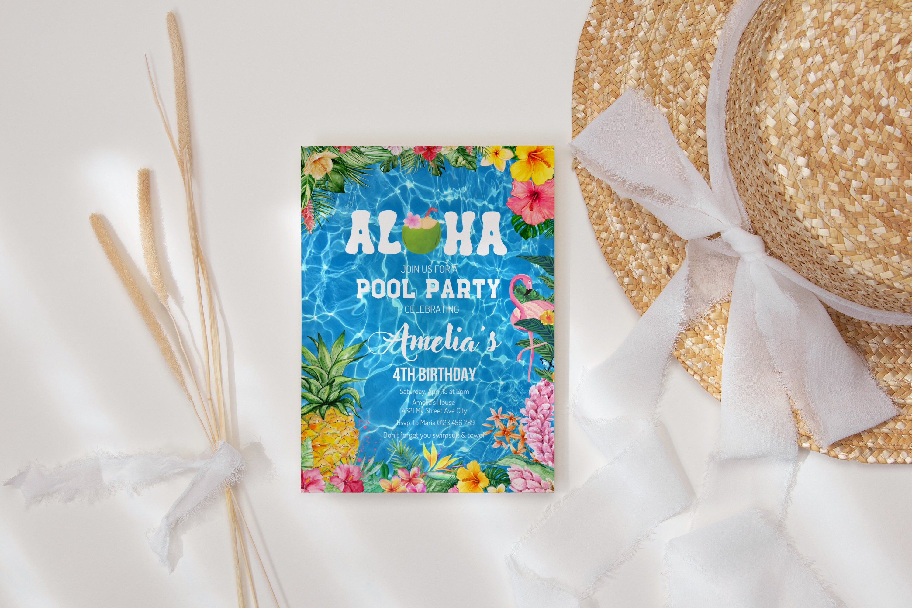 EDITABLE Aloha Pool Party Invitation, Hawaiian Birthday Invite ...