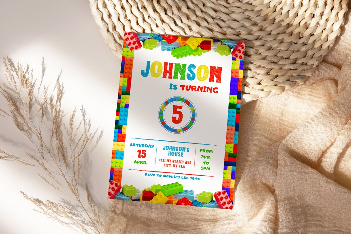 Building Blocks Birthday Invitation Card Template Building - Etsy