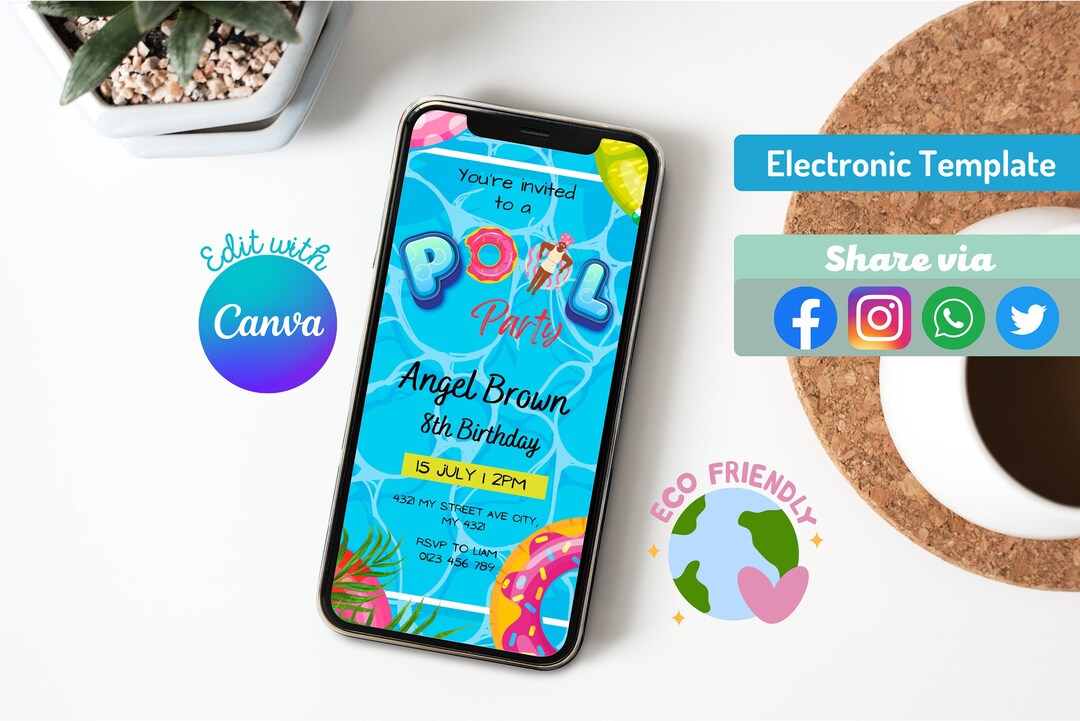 EDITABLE Pool Party Digital Invitation, Pool Birthday Digital ...