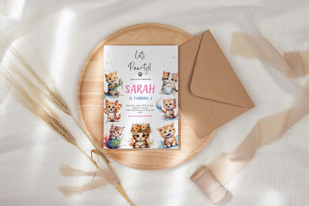 EDITABLE Cat Invitation Cat Birthday Invite Kitty Cat Birthday Party ...