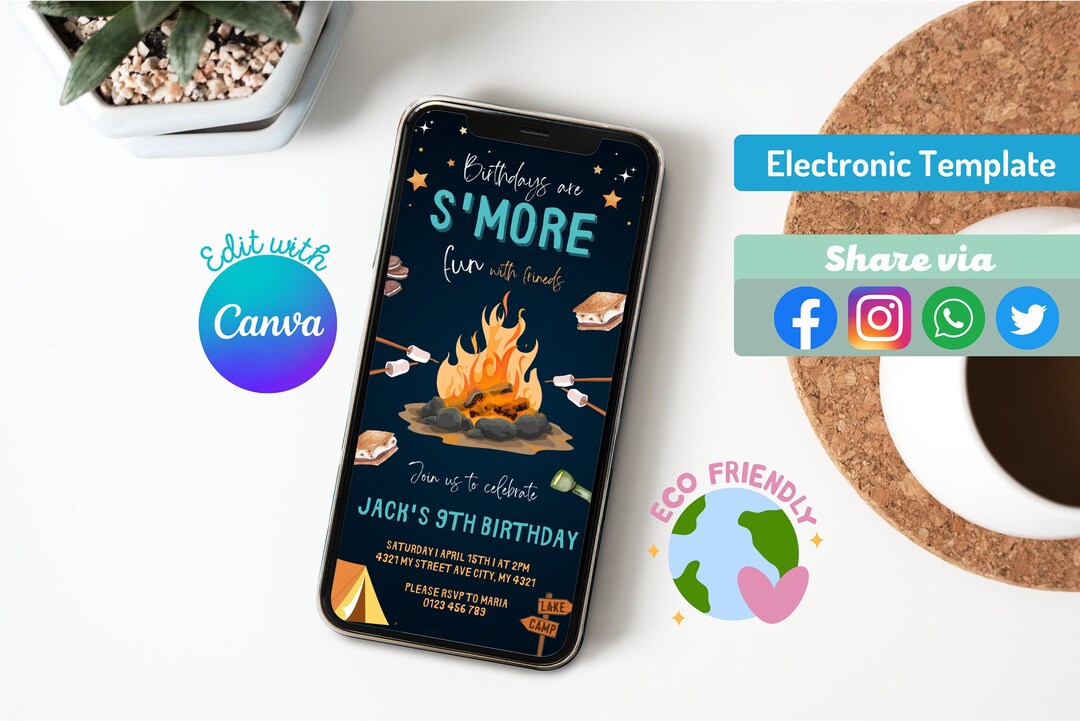 Smores Fun Birthday Digital Invitation - Editable Backyard Camping ...