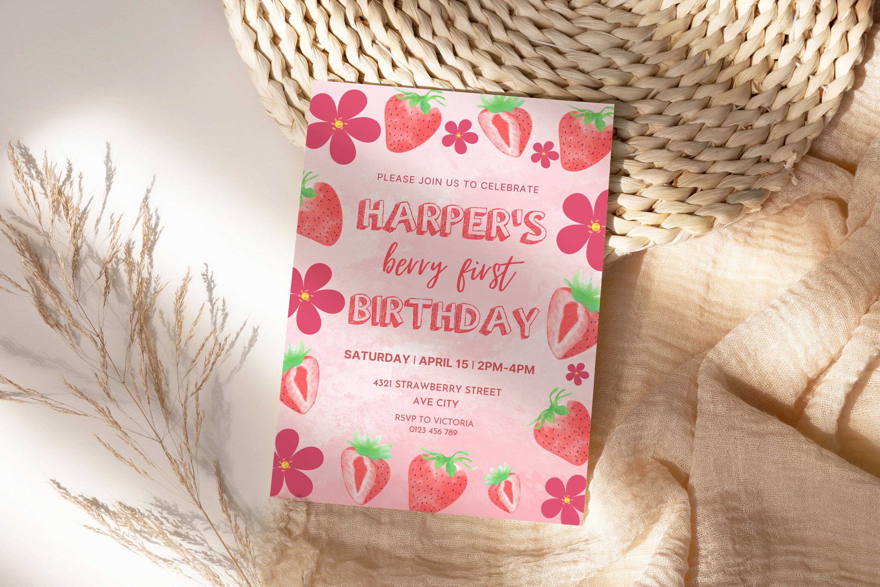 EDITABLE Berry First Birthday Invitation Card Template, Printable ...
