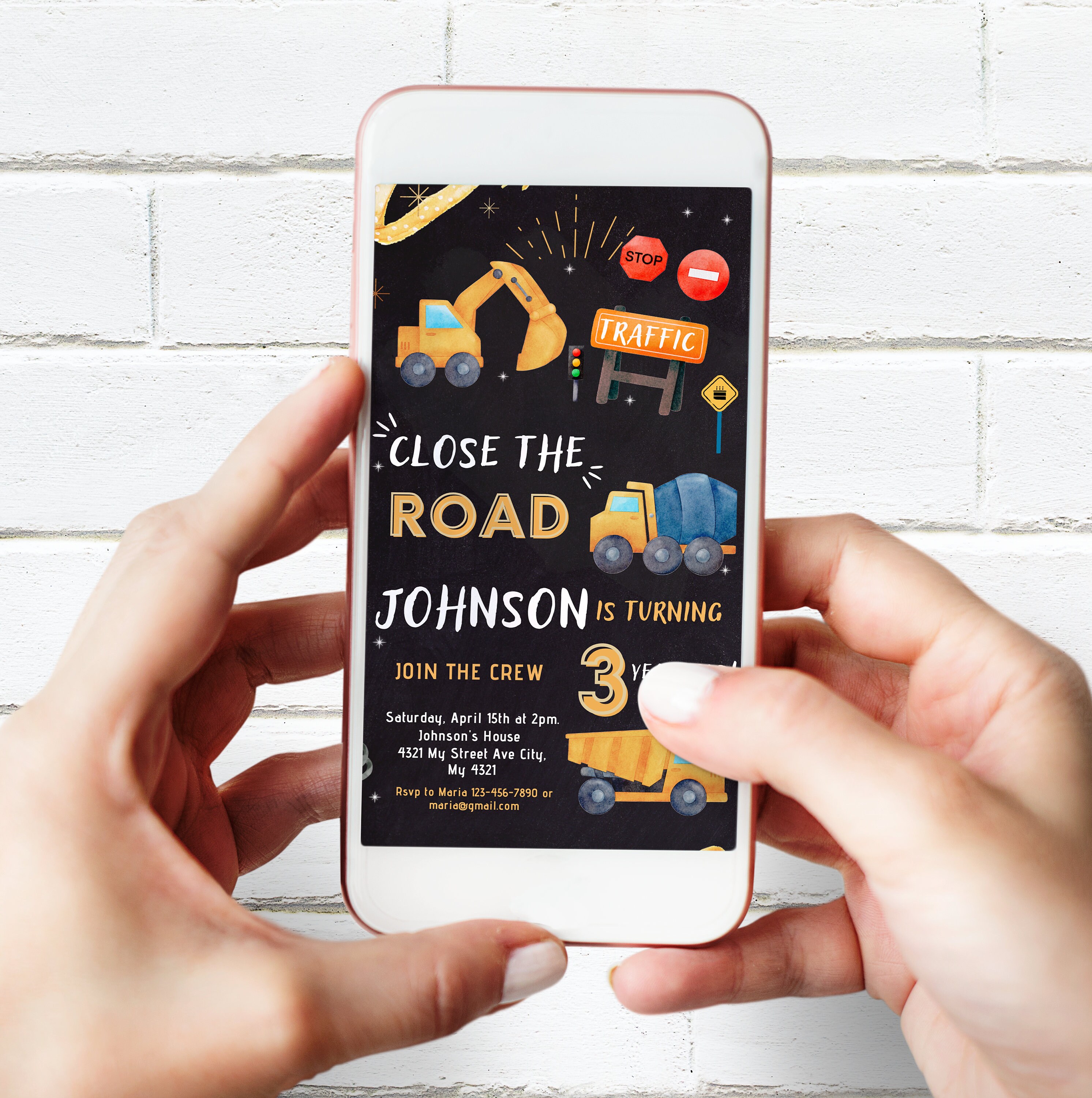 Editable Construction Birthday Digital Invitation Template ...