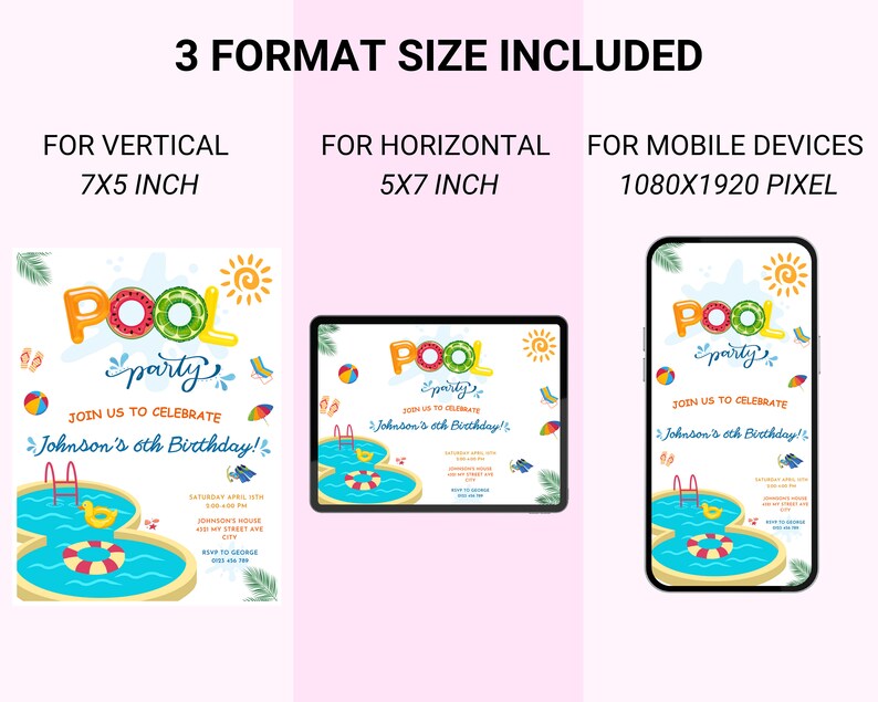 Editable Pool Party Invitation Card Template ANY AGE Pool Party ...