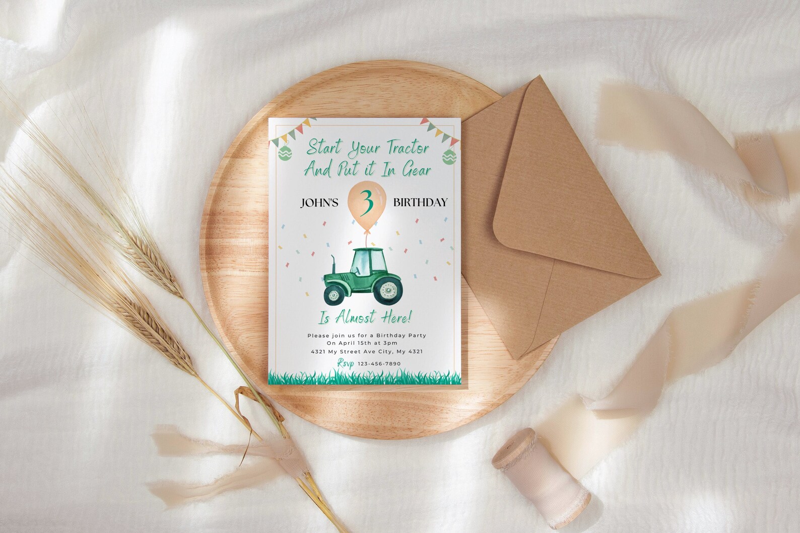 Editable Tractor Birthday Invitation Card Template, Green Tractor ...