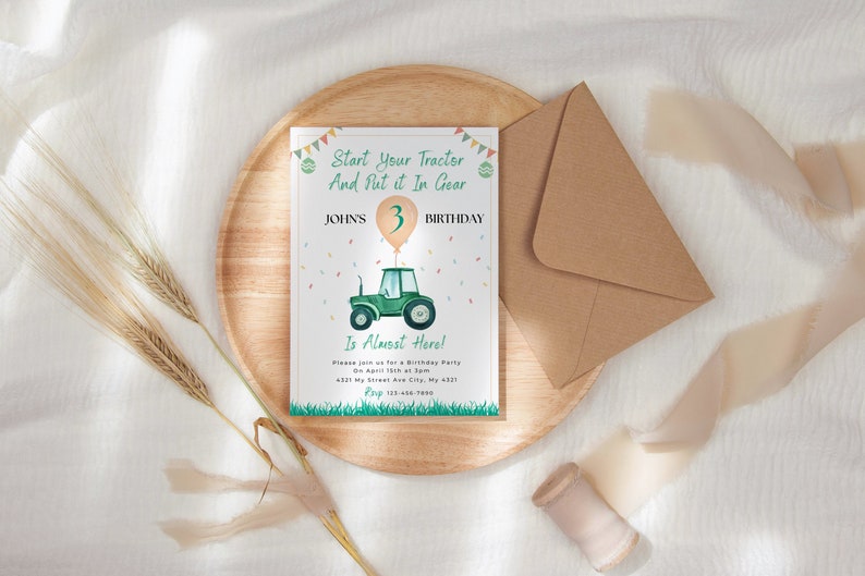 Editable Tractor Birthday Invitation Card Template, Green Tractor ...