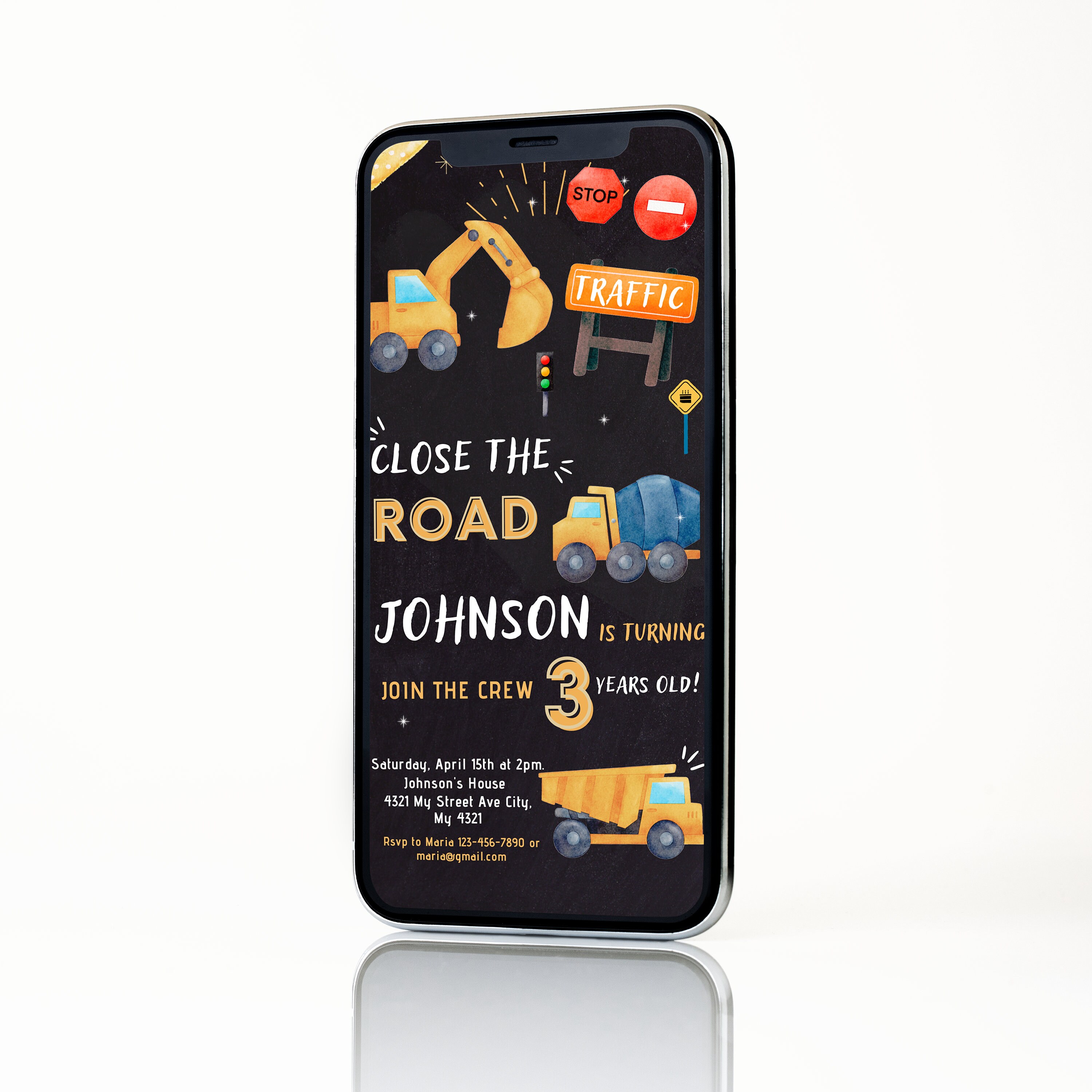 Editable Construction Birthday Digital Invitation Template ...