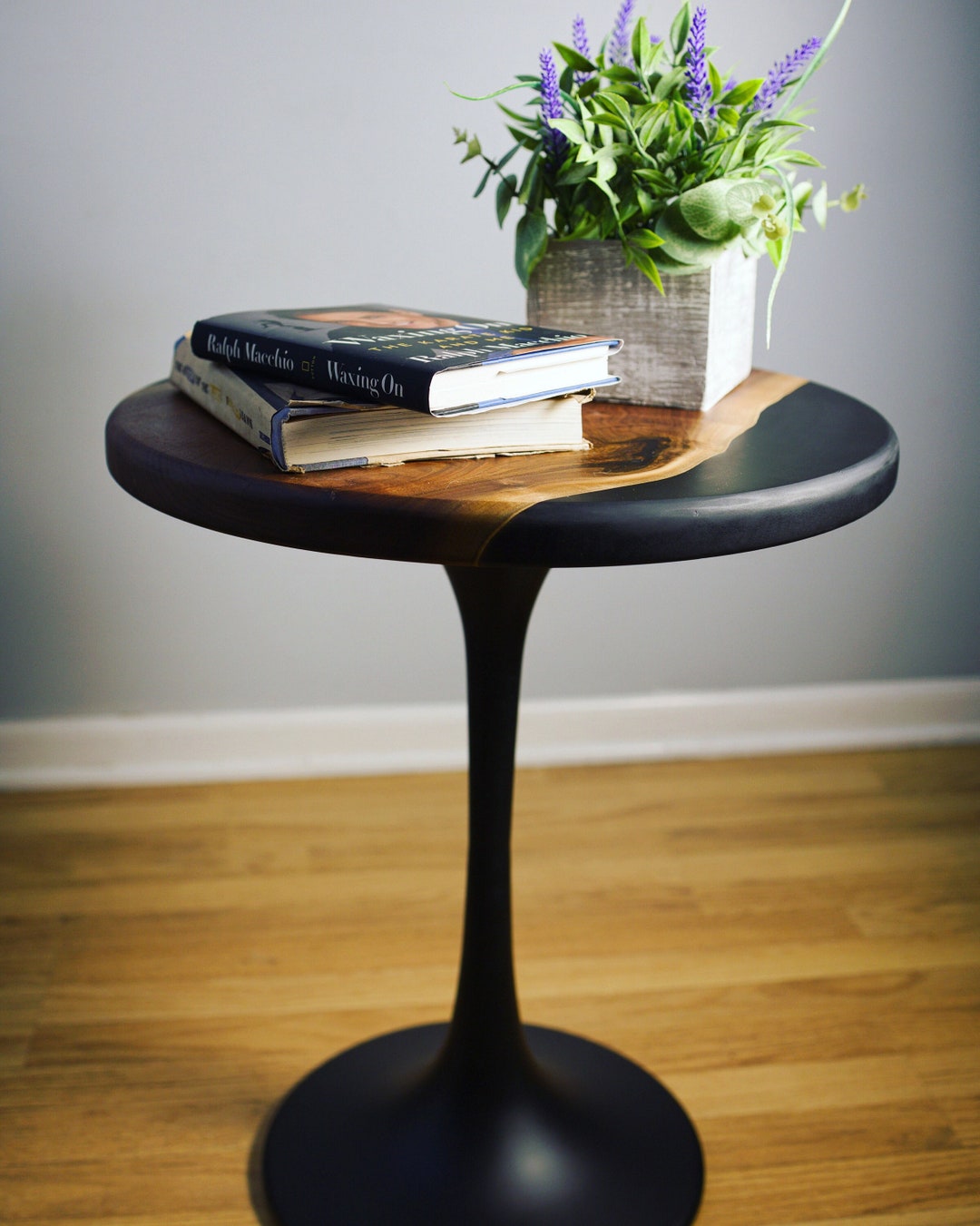 Custom End Table for Modern Living Room Epoxy Design With Black Resin and Live Edge Walnut Wood ...