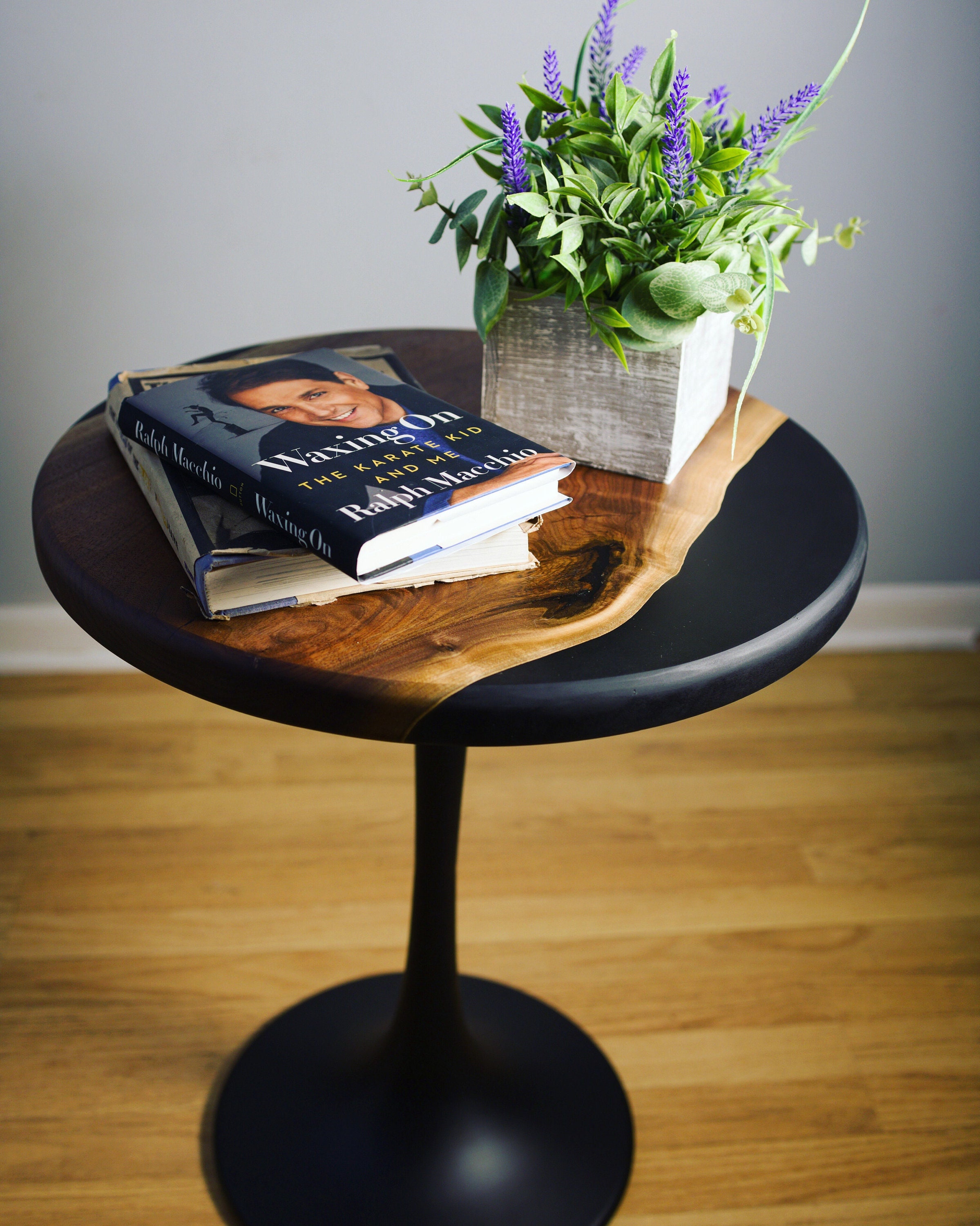 Custom End Table for Modern Living Room Epoxy Design With Black Resin and Live Edge Walnut Wood ...