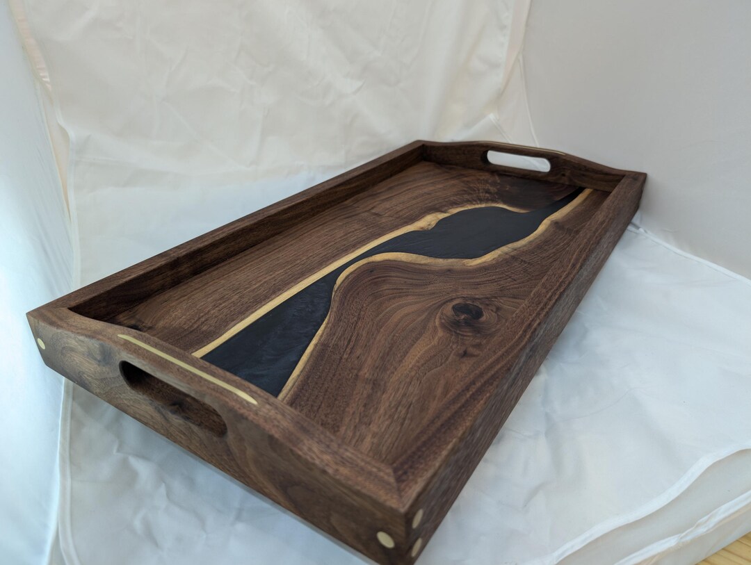 Large Solid Walnut Serving Tray With Brass and Epoxy Features, Ottoman Tray. Wood River Tray - Etsy