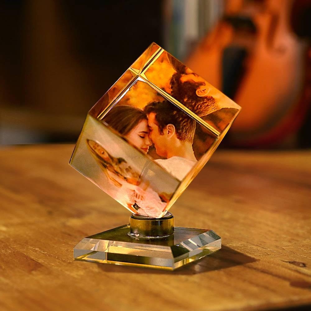 Custom 3D Crystal Photo Cube , Personalized Rotating Family Photo Gift ...