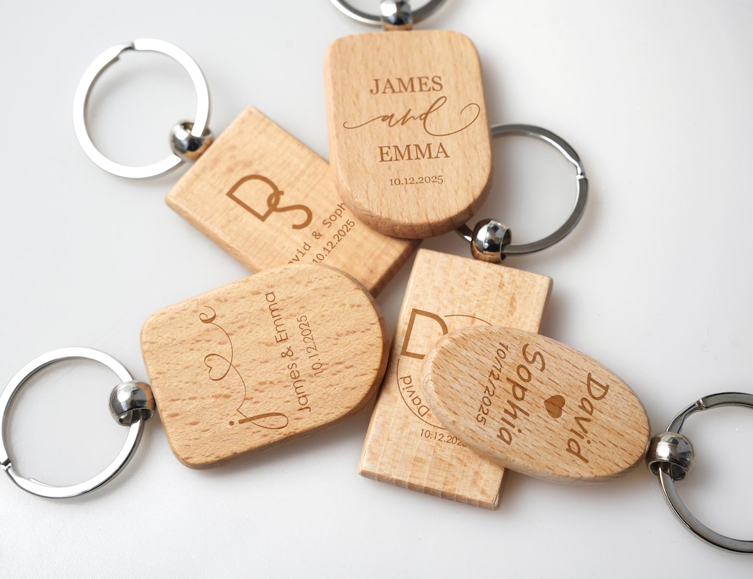 Custom Wedding Favor Key Chain, Personalized Engraved Beech Wood ...