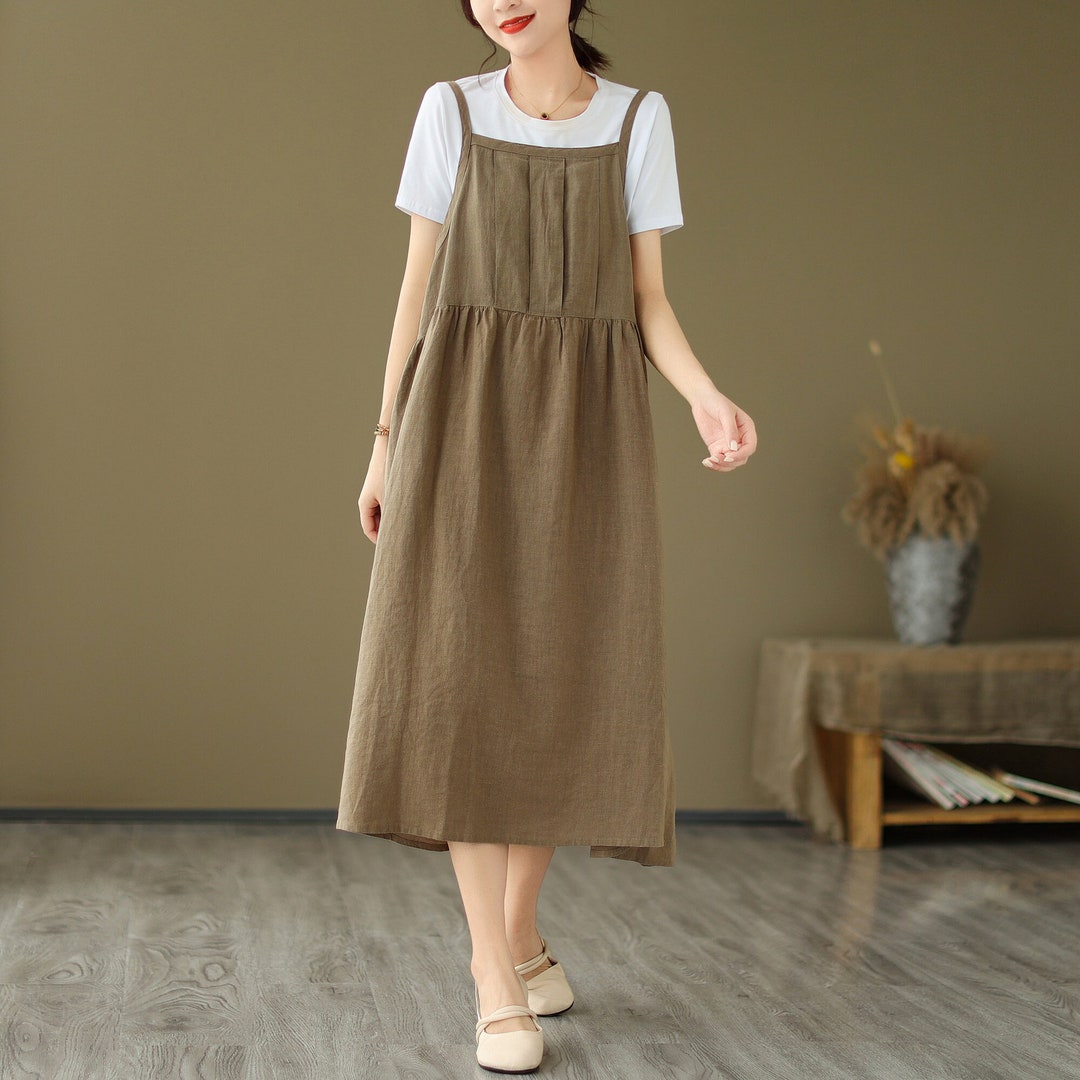 Linen Overall Midi Dress for Women, Linen Overall Dress Relaxed Fit ...