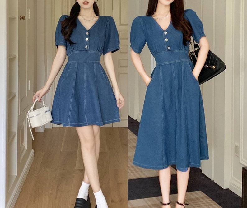Denim Dress V Neck Denim Dress With Short Sleeves French Denim Dress Denim Dress Midi Denim