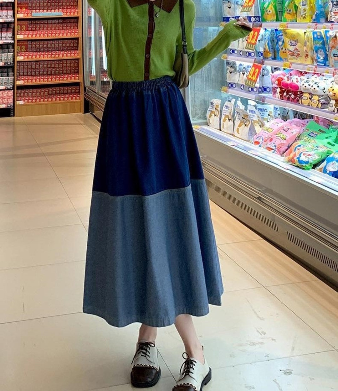 Color Block Denim Skirt, Denim Ruffle Skirt, Tiered Denim Skirt Women ...