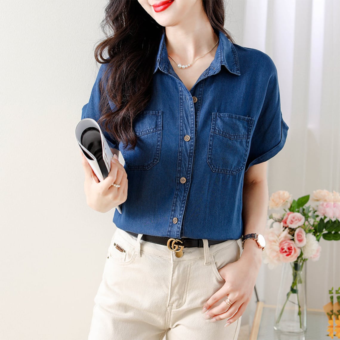 Women's Casual Button Down Denim Blouse Pockets Short Sleeve, Women's ...