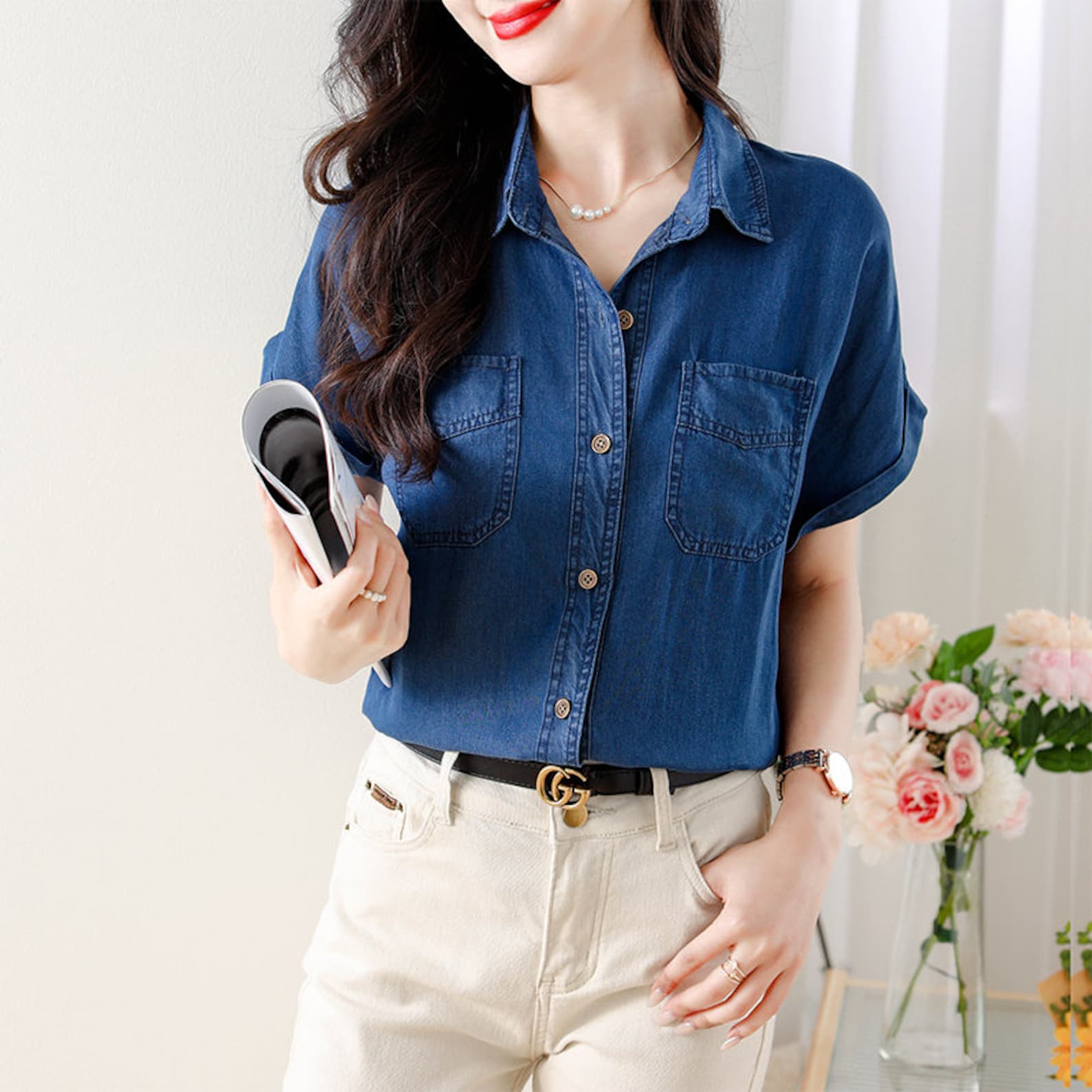 Women's Casual Button Down Denim Blouse Pockets Short Sleeve, Women's ...