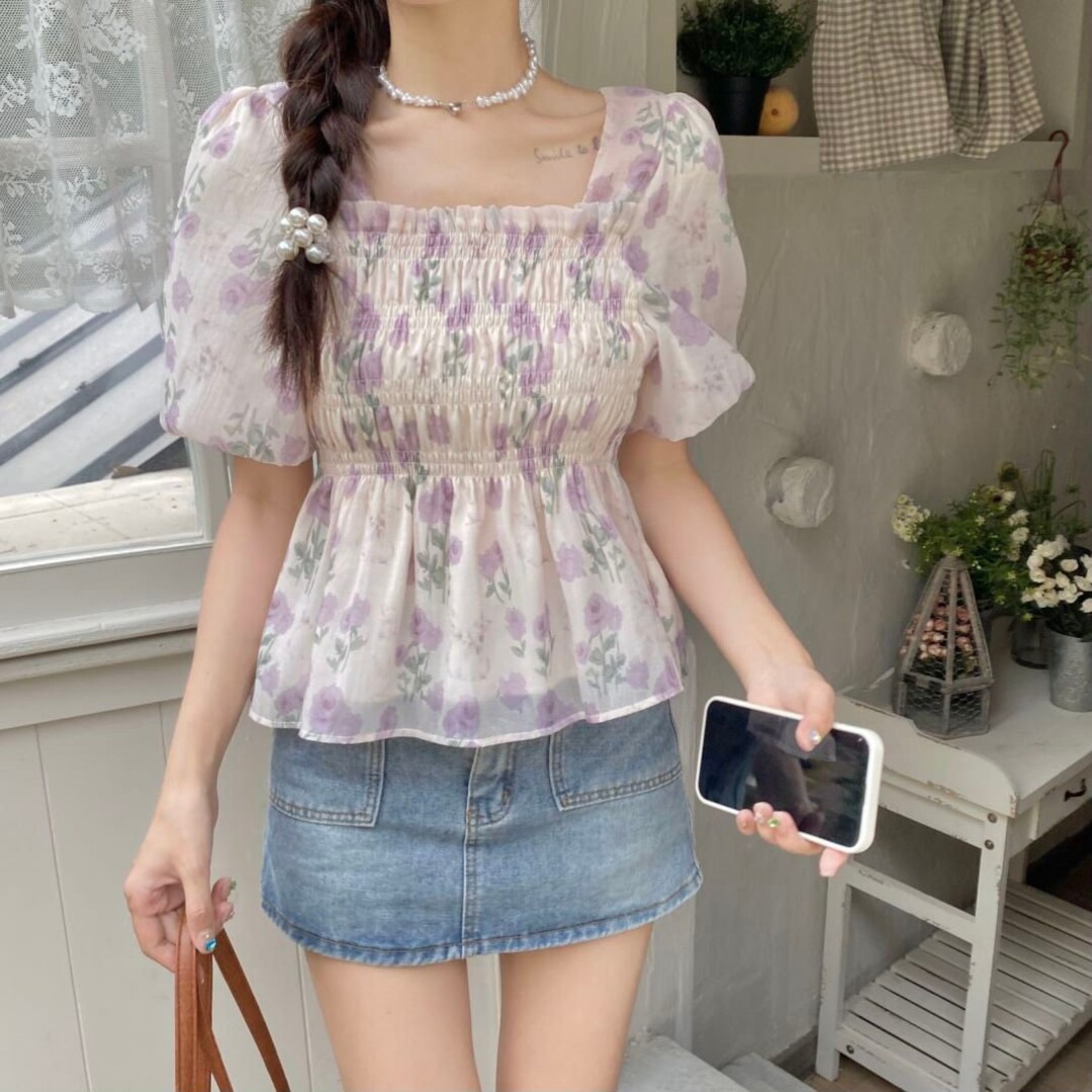 Chiffon Tops Short Sleeves for Women, Chiffon Tops With Gathered Waist ...