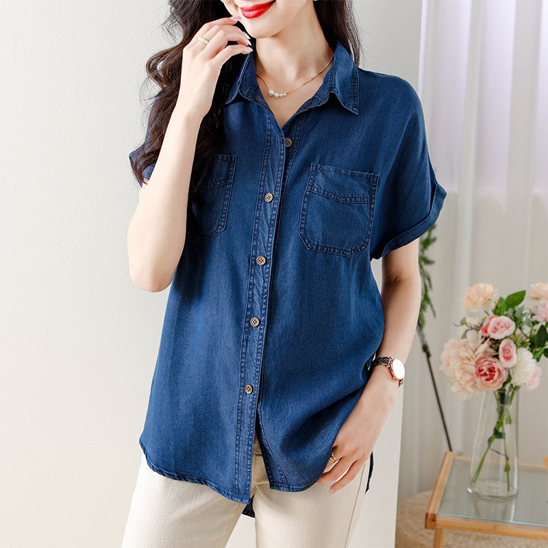 Women's Casual Button Down Denim Blouse Pockets Short Sleeve, Women's ...