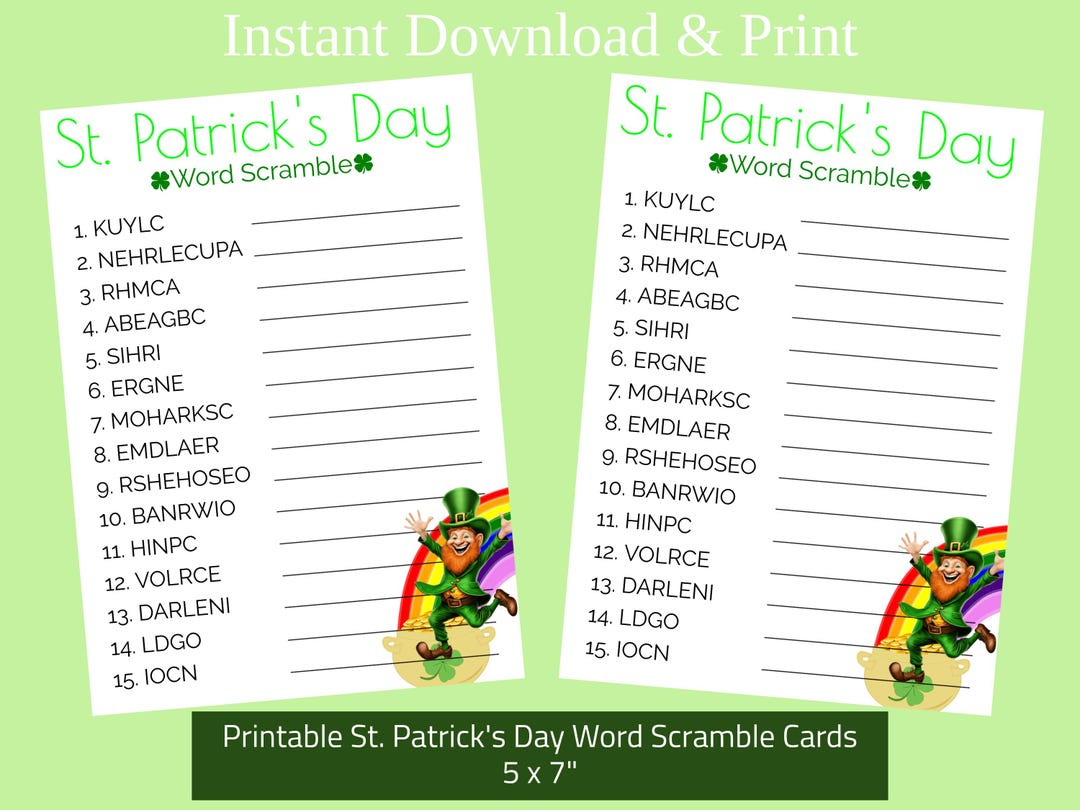 St. Patrick's Day Word Scramble Game Cards, 5x7" Instant Download ...