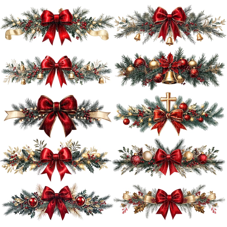 Christmas Garland Borders Clipart, Set of 70 PNG Festive Transparent ...