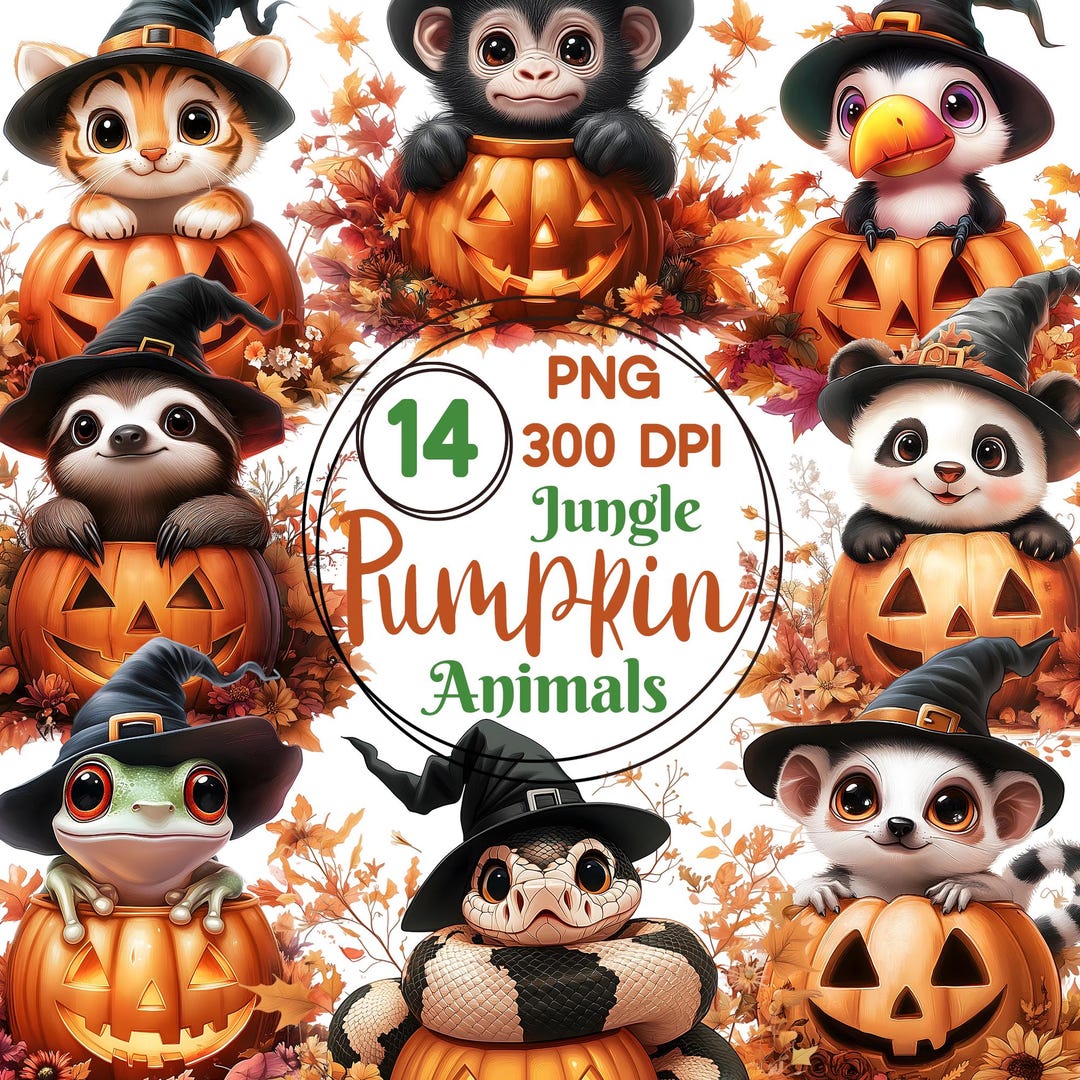 Jungle Pumpkin Animals Clip Art, Set of 14 PNG Bundle, 300 DPI Clipart ...