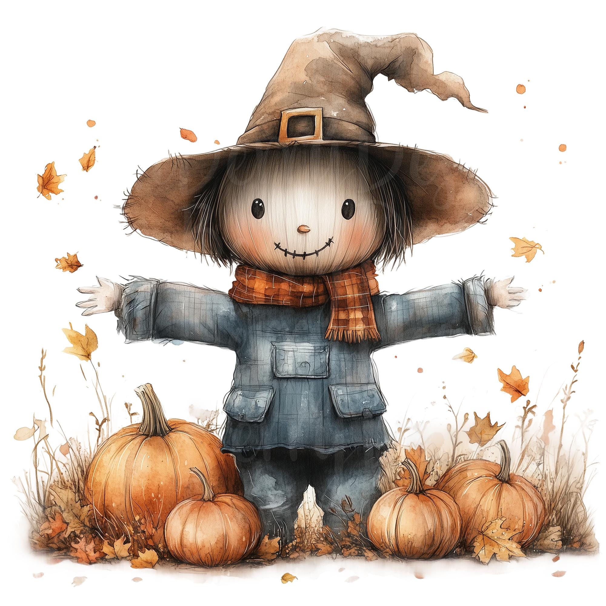 Scarecrow Clipart, Set of 10 PNG Bundle, Fall Halloween Watercolor Clip ...