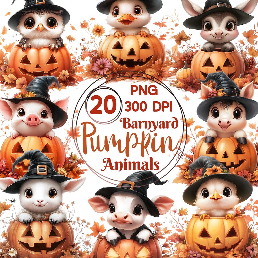 Barnyard Pumpkin Animals Clip Art, Set of 20 PNG Bundle, 300 DPI ...