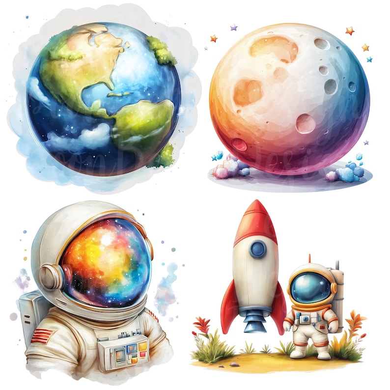 Cute Space Clipart, Set of 27 PNG Bundle, Colorful Watercolor Clip Art ...